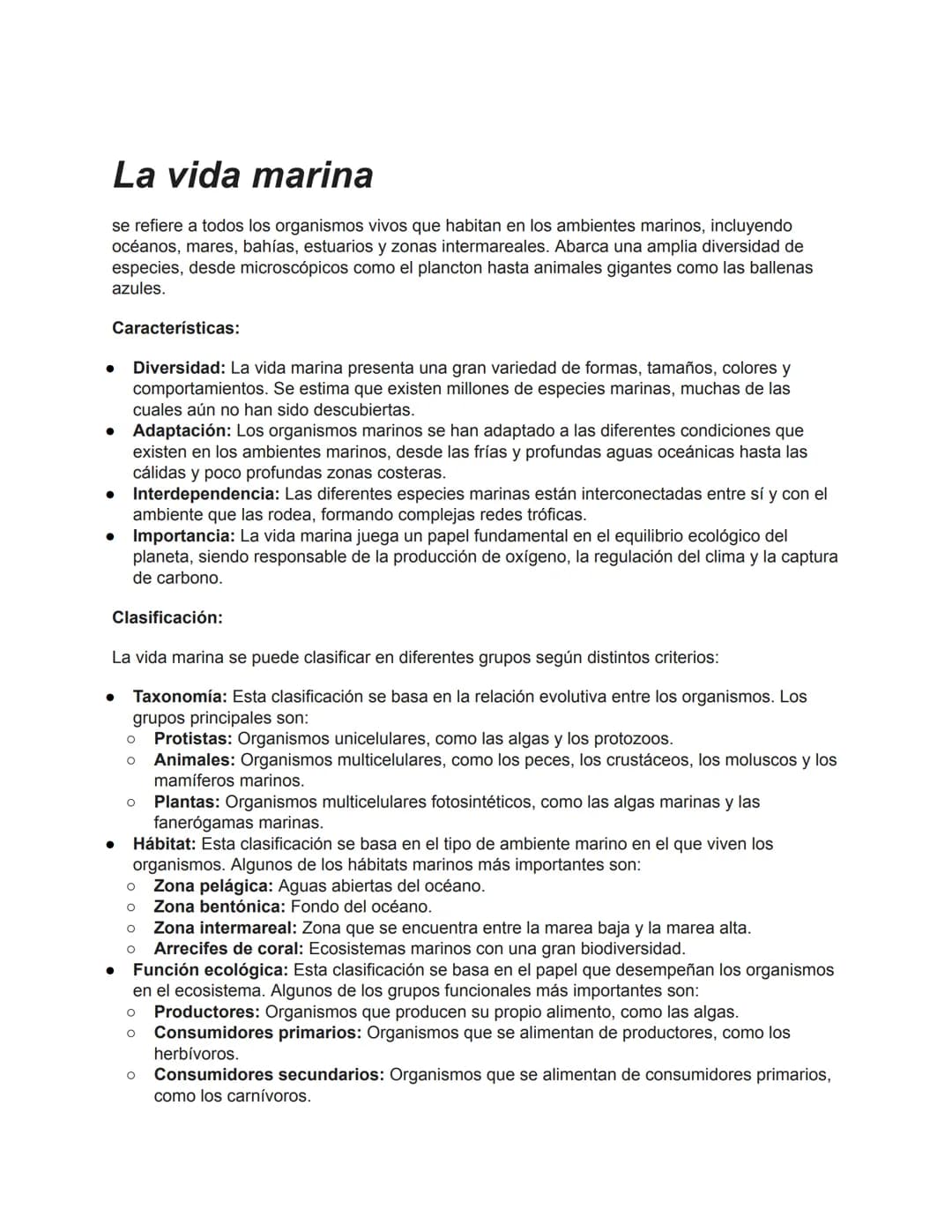Explorando la Vida Marina: Conceptos y Especies (Biologia) - Knowunity